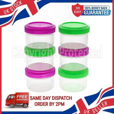 6 SMALL LITTLE SCREW TOP PLASTIC STORAGE BOXES BABY FOOD SPICES ...