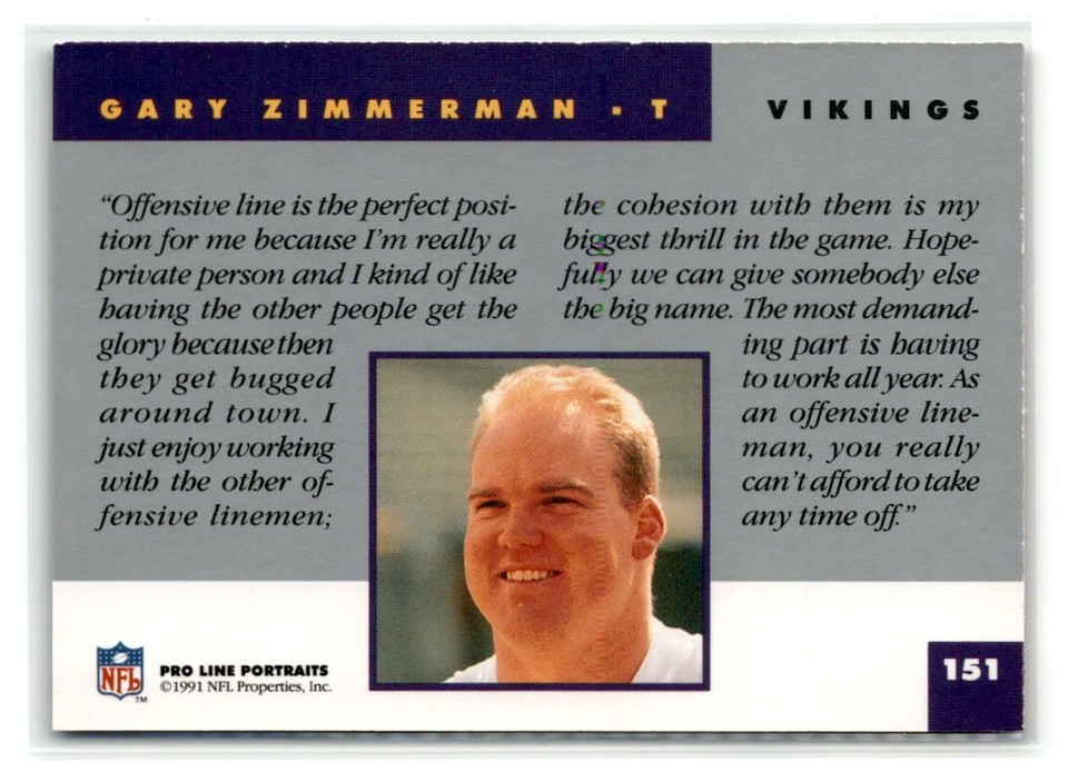 1991 Pro Line Portraits FOOTBALL #151 Gary Zimmerman Minnesota Vikings ...