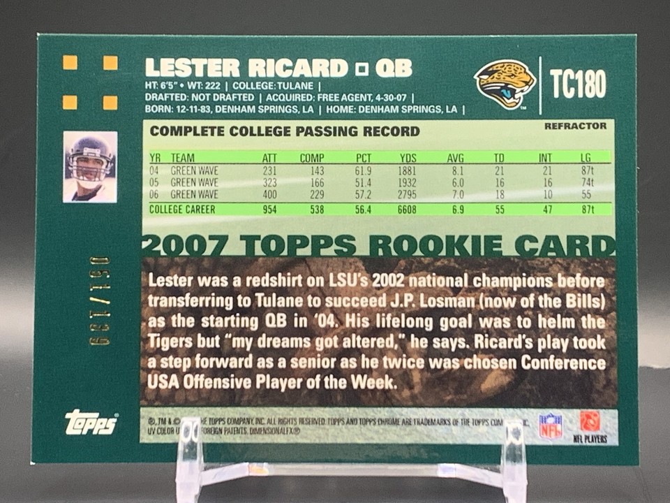 2007 Topps Chrome Lester Ricard Red RC Refractor Uncirculated /139 | eBay
