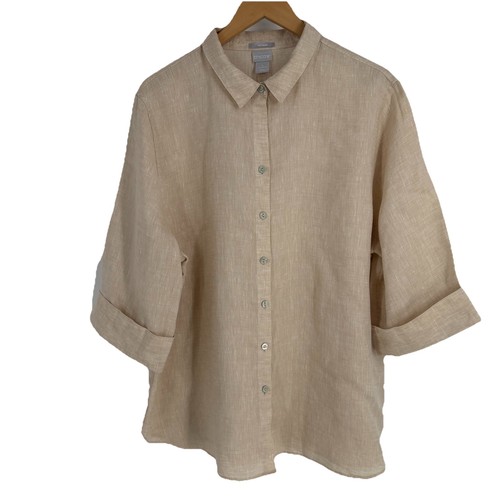 Chicos Womens 100% Linen Button Up Top 2XL Beige Capsule Minimal ...