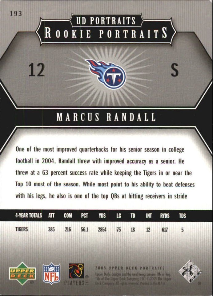 2005 UD Portraits Football Card #193 Marcus Randall Rookie /425 | eBay