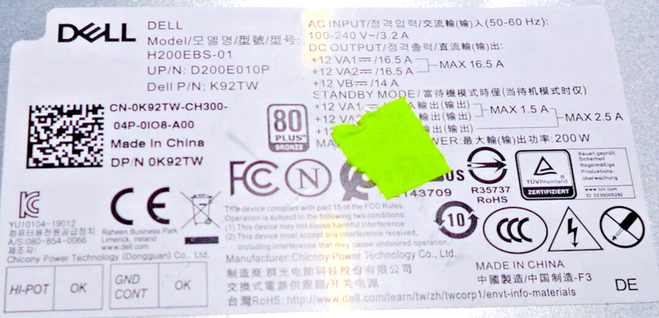 Genuine Dell Optiplex 7080 SFF 200W Power Supply H200EBS-01 K92TW | eBay