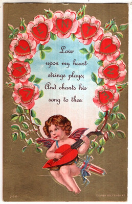 ANTIQUE EMBOSSED VALENTINE Postcard CUPID PLAYING HEART-SHAPED ...