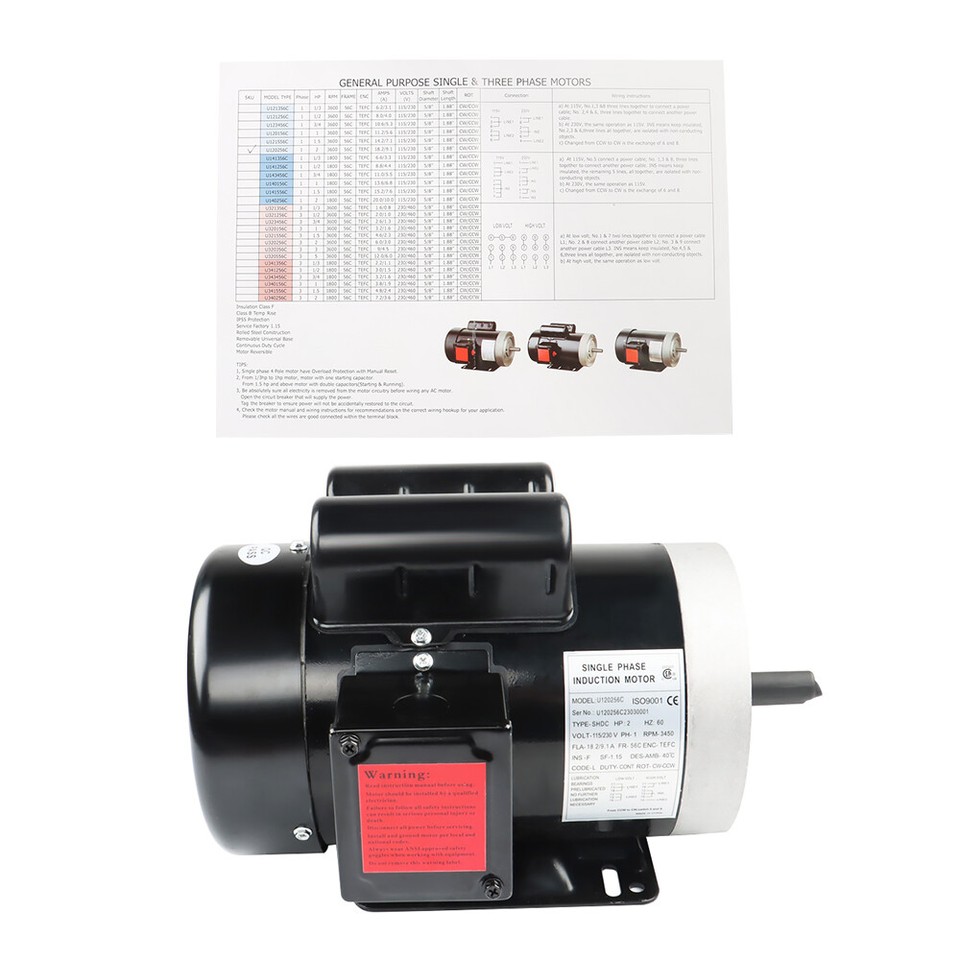 2HP 3450RPM General Purpose Motor 115/230V Electric Motor 56C Single ...