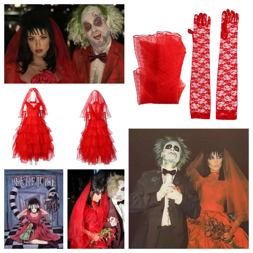 2024 BeetleJuice Women Ghost Lydia Cosplay Red Bride Wedding Dress+veil ...