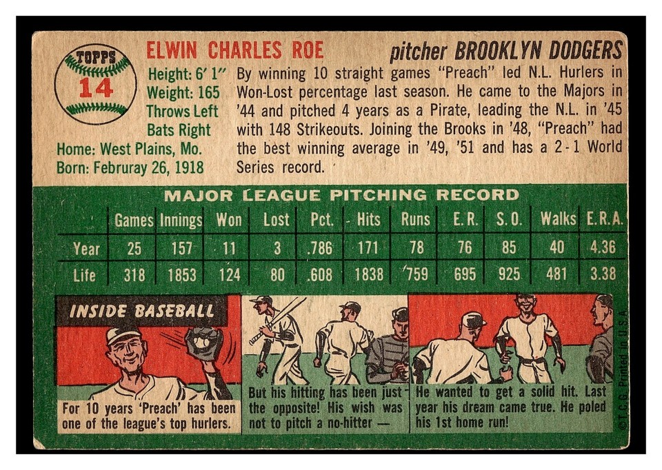 1954 TOPPS PREACHER ROE #14 BROOKLYN DODGERS HIGHER GRADE NO CREASES | eBay