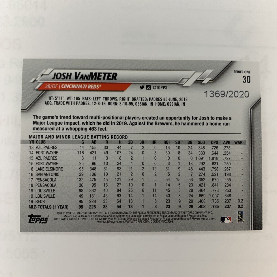 2020 Topps Series 1 Josh VanMeter #30 Gold SP /2020 Cincinnati Reds | eBay