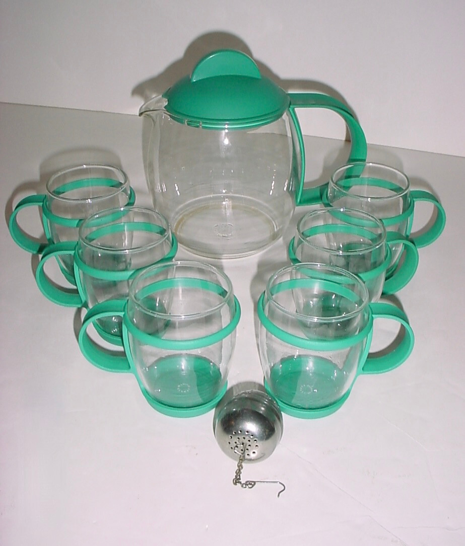 Jenaer Glas Glaswerk Glass w Aqua / Teal Blue Coffee Tea Pot & 6 Cups ...