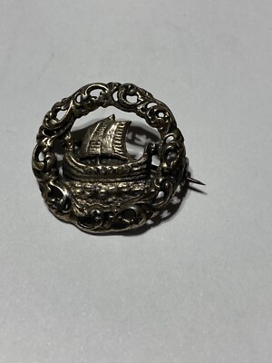 Norway OXO H C Ostrem Pin 830S Viking Ship Open Cut Gold Wash Antique ...
