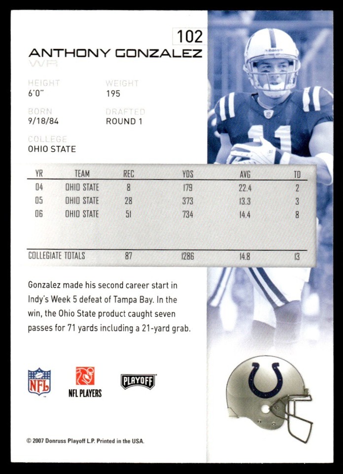 2007 Playoff NFL Playoffs Anthony Gonzalez Rookie Indianapolis Colts ...