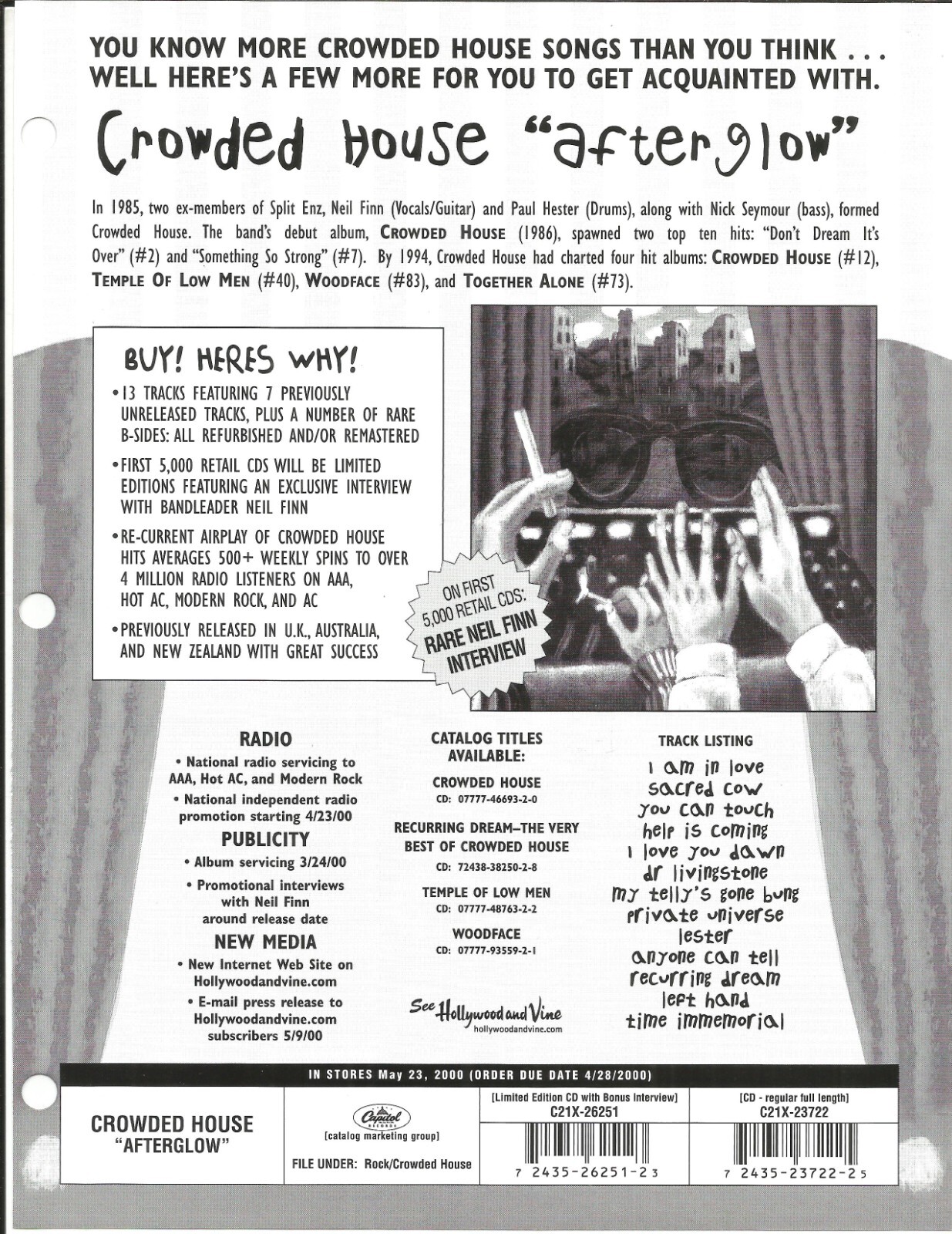 Tim & Neil Finn CROWDED HOUSE 2000 PROMO TRADE AD Poster for Afterglow ...