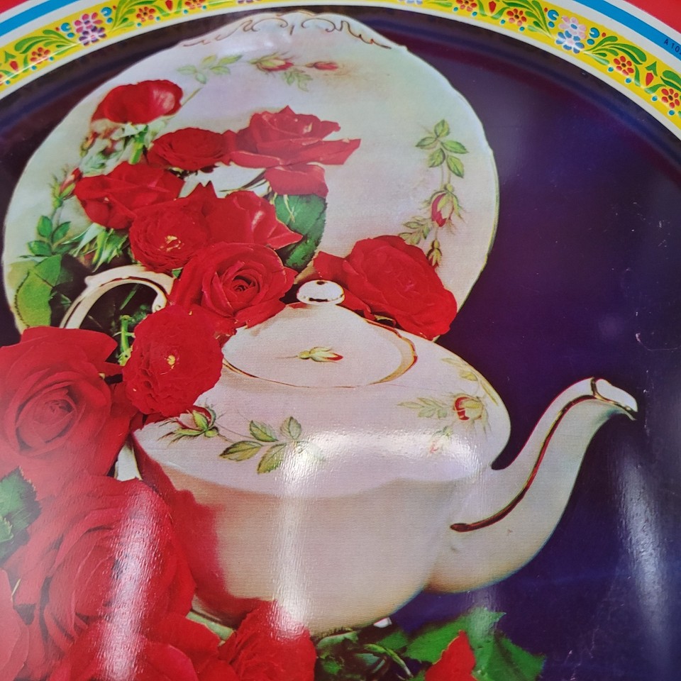 Vintage Tin Serving Tray W/Teapot & Red Roses 11.75 in Round | eBay