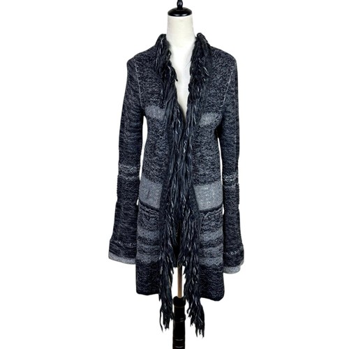 Free People S Black & Gray Fringe Knit Wool Blend Open Long Cardigan ...