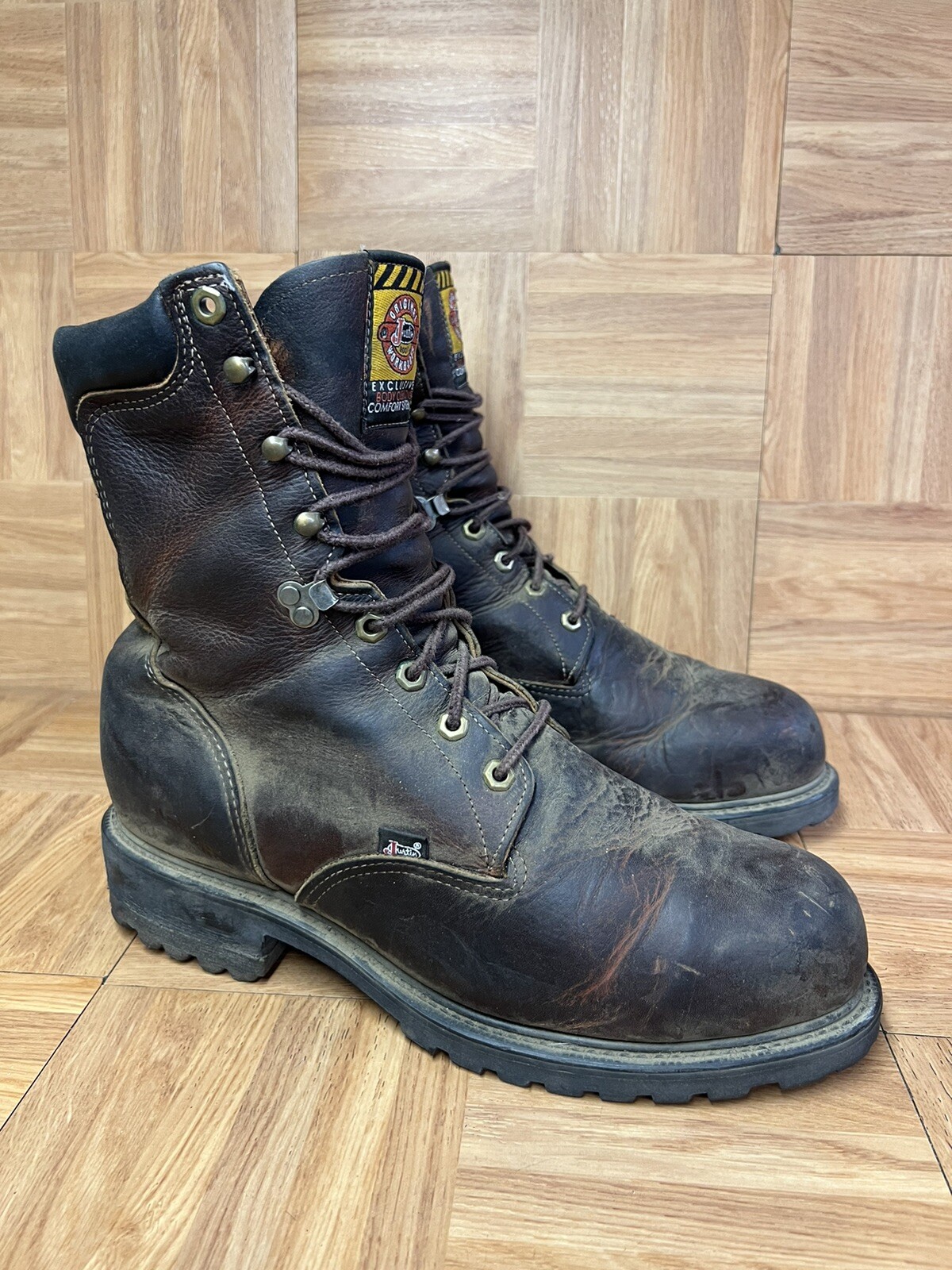 RARE🇺🇸 Original Justin Work-Boots Steel Toe Brown Leather Logger Packer ...