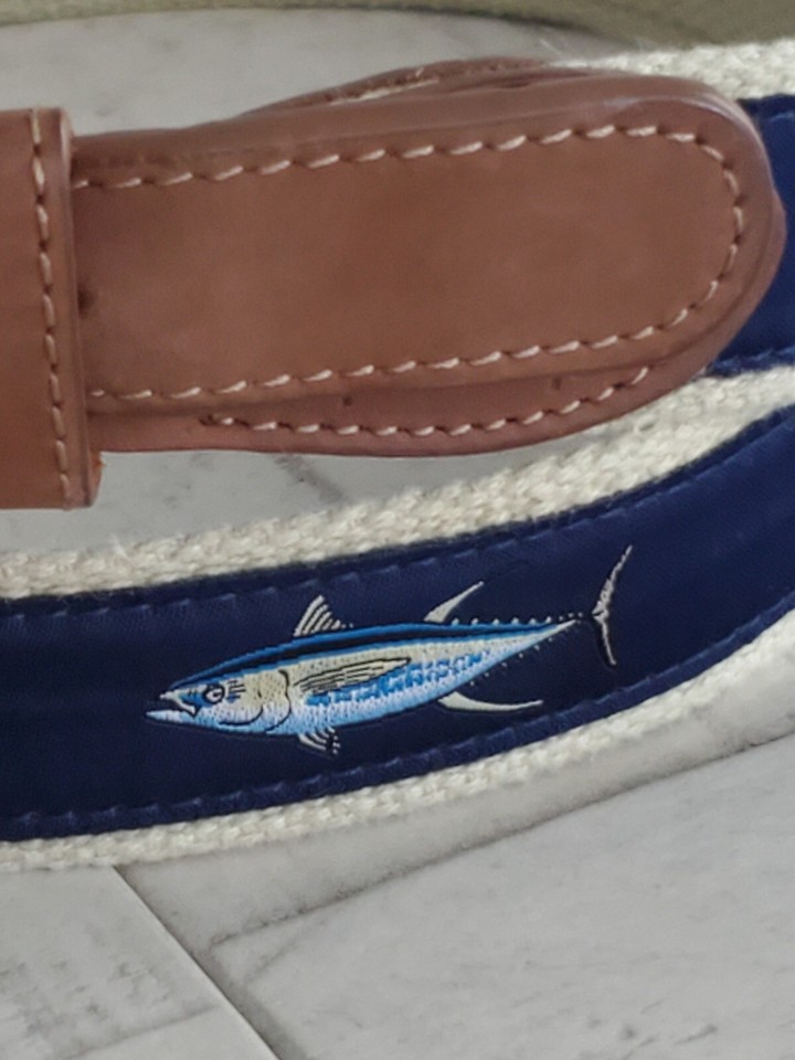 Guy Harvey Yellowfin Tuna Belt Sz 46 Embroidered Leather Canvas Deep ...