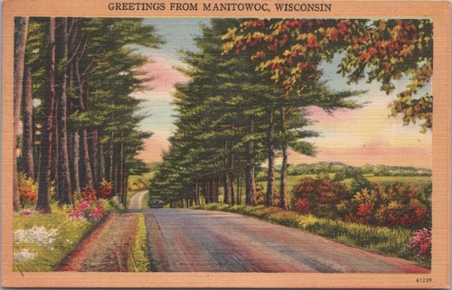 Greetings from Manitowoc Wisconsin Car on country road in fall 1949 | eBay
