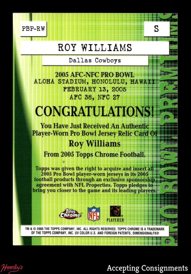 2005 Topps Chrome Pro Bowl Jerseys #PBPRW Row Williams JERSEY RELIC ...