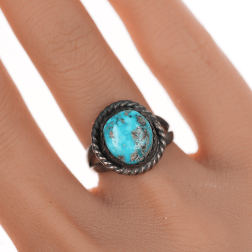 sz6.25 Vintage Native American silver and turqouise ring with rope edge ...