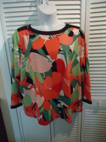 Rafaella Womens Multi Color Floral Long Sleeves Crew Neck Fake Zipper ...