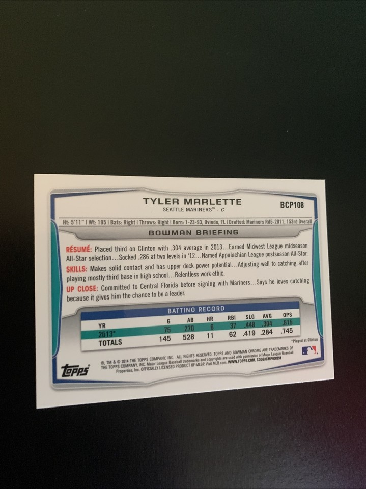 2014 Bowman Chrome #BCP108 Tyler Marlette Seattle Mariners Baseball RC ...