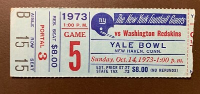 New York Giants 1973 ORIGINAL NFL ticket vs Washington Redskins- Yale ...