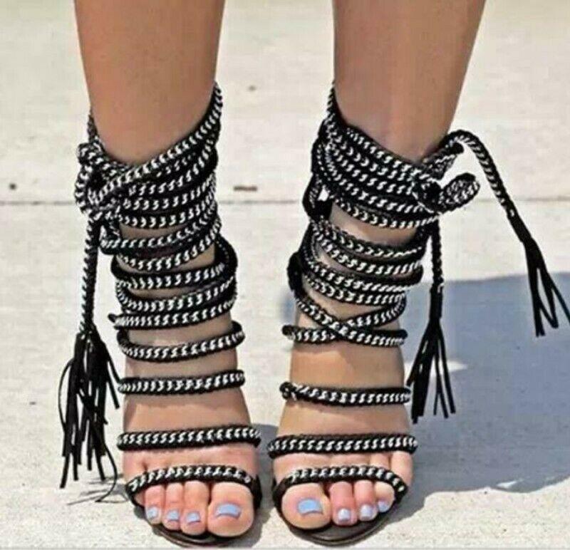 Sexy Women's Hollow High-Heel Strappy Gladiator Sandals Roman Rope ...