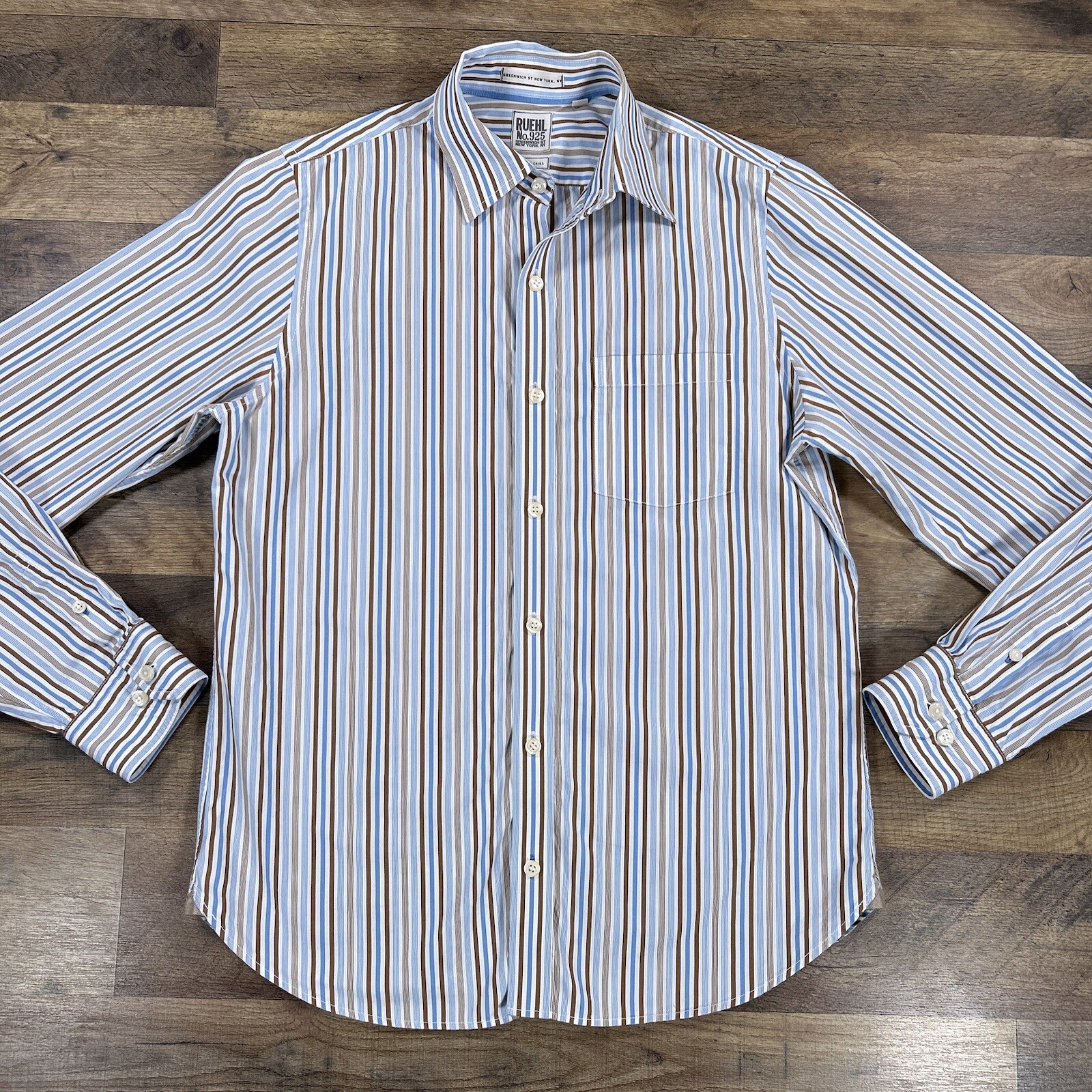 Ruehl No 925 Shirt Mens Large Blue Striped Long Sleeve Button Up Dress ...