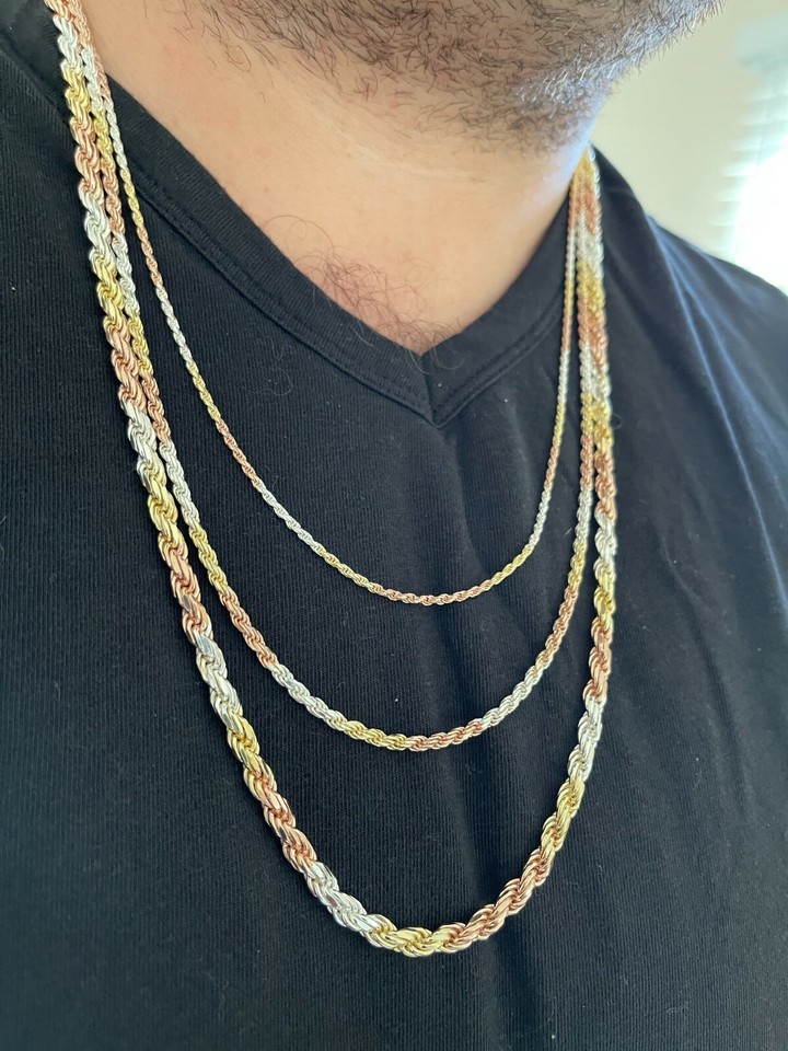 Solid 925 Silver & Yellow Rose Gold Plated Tri Color Rope Chain ...