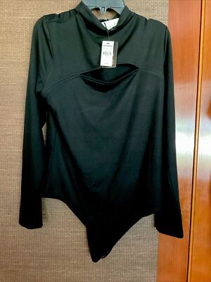 NWT Express Crew Neck/ Open Slit Long Sleeve Bodysuit Top. Black Size L ...