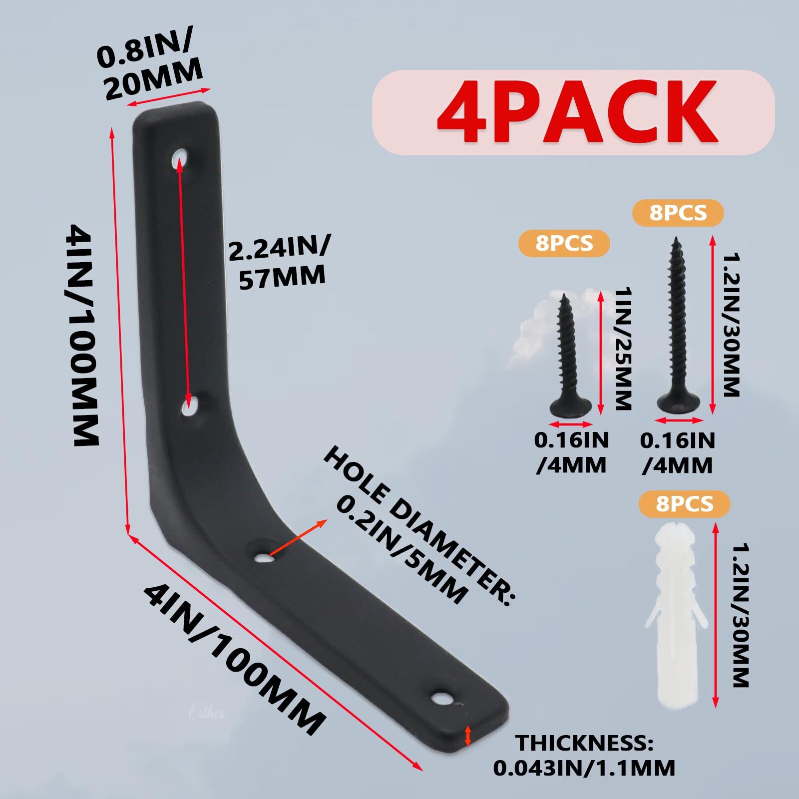 4pcs 4 Inch L Brackets Heavy Duty Wall Mount Black L Corner Brackets Braces f... | eBay