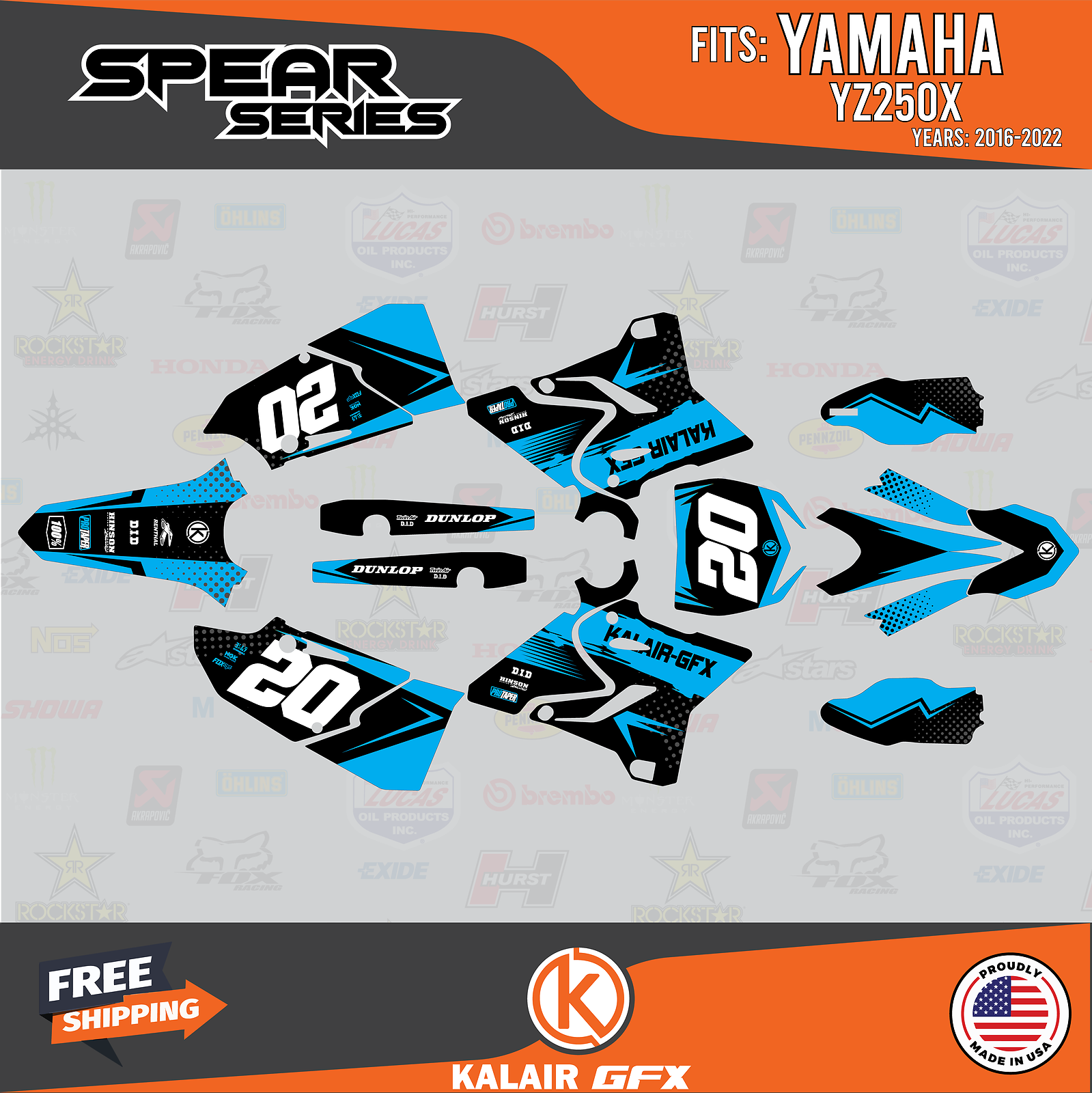 Graphics Kit for Yamaha YZ250X (2016-2022) Spear-cyan | eBay