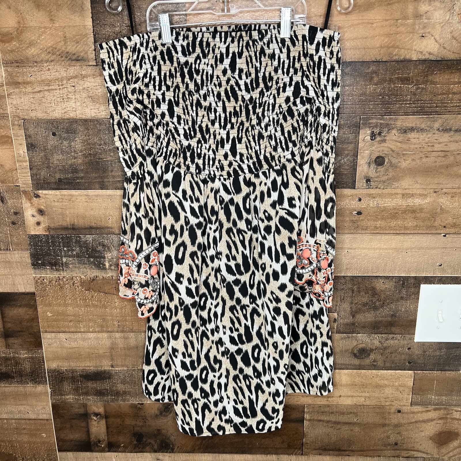 Boston Proper Off the Shoulder Dress Small Leopard Print Orange Beads ...