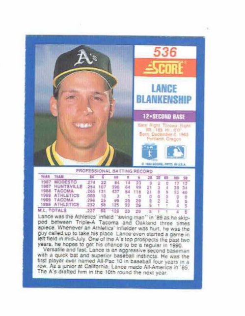 Lance Blankenship Oakland A's #12 2B Score 1990 Baseball Card | eBay