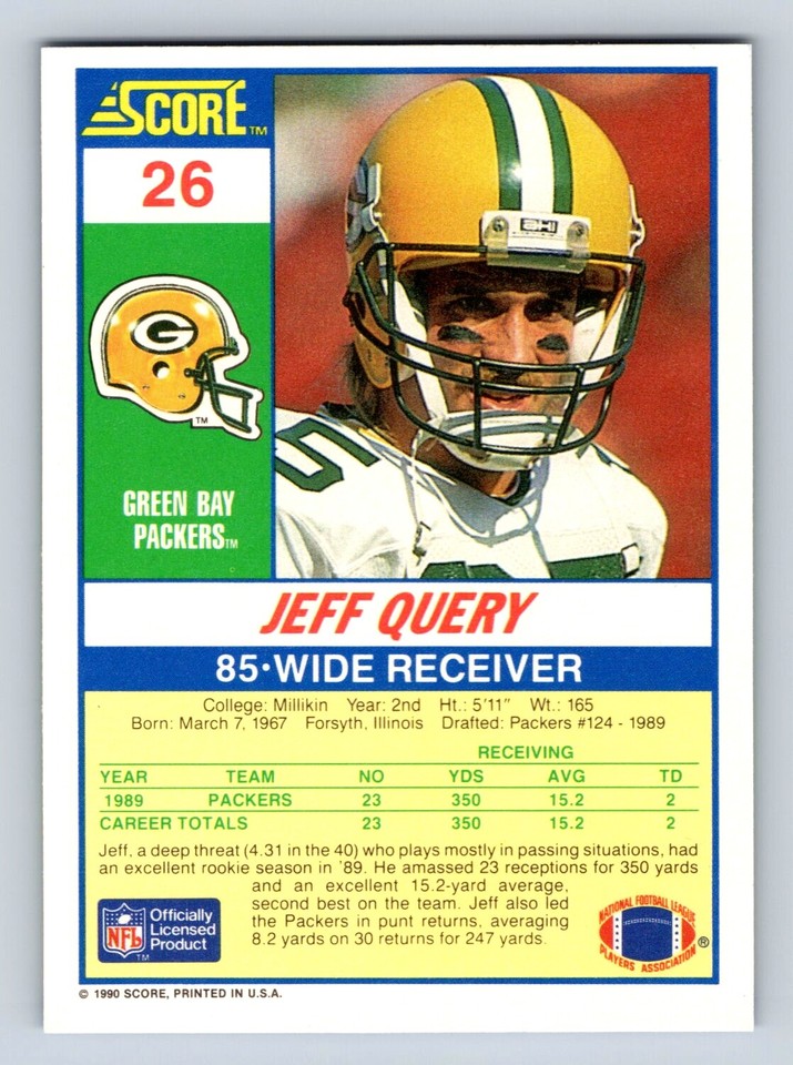 Jeff Query 1990 Score #26 Green Bay Packers | eBay