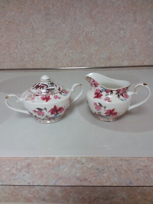 Grace Teaware Gold Rimmed Beautiful Floral Design Sugar and Creamer Set ...