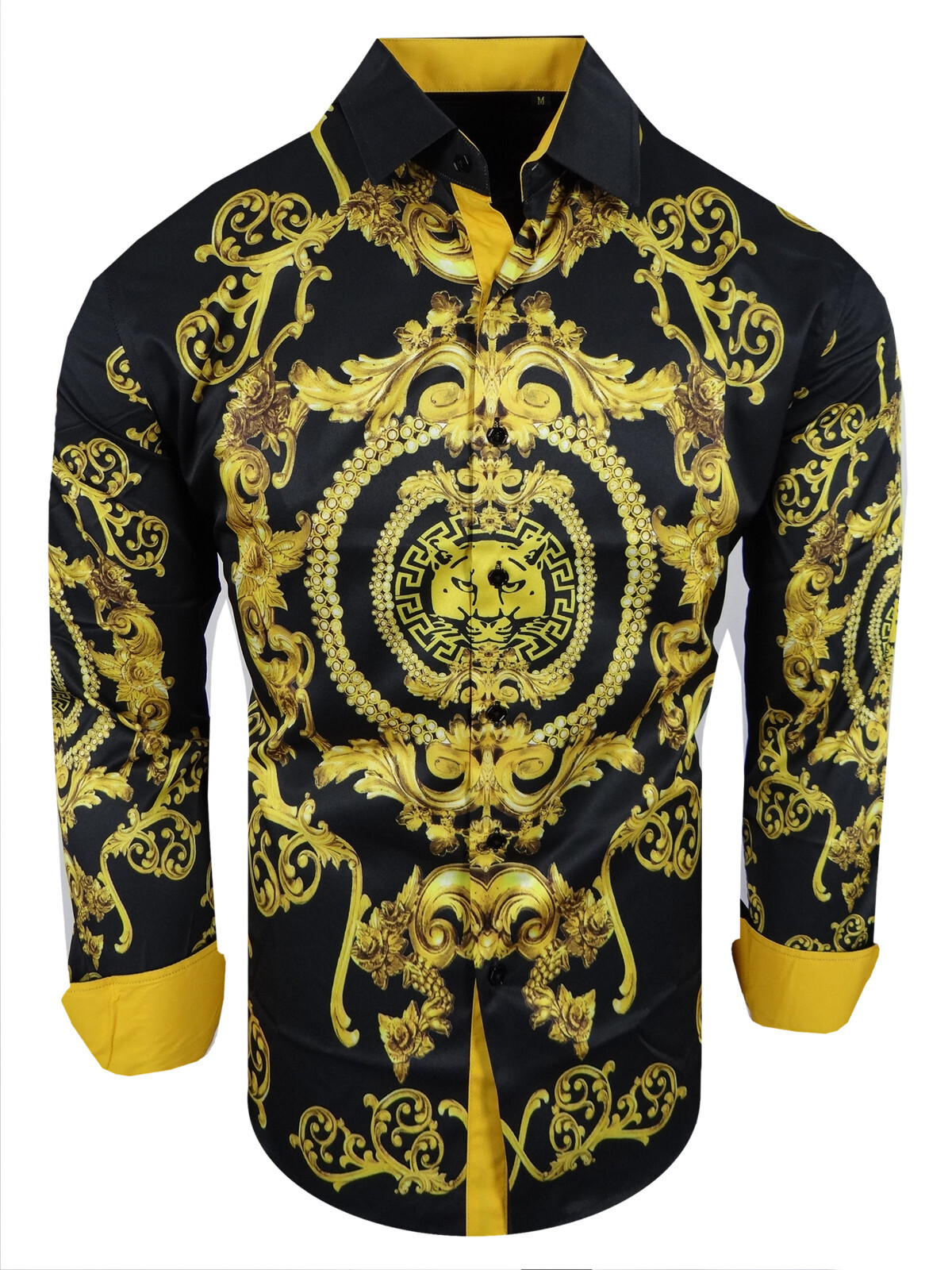Mens Shirt Designer Panther Italian Gold Leaf Florals Stretch Slim Fit ...