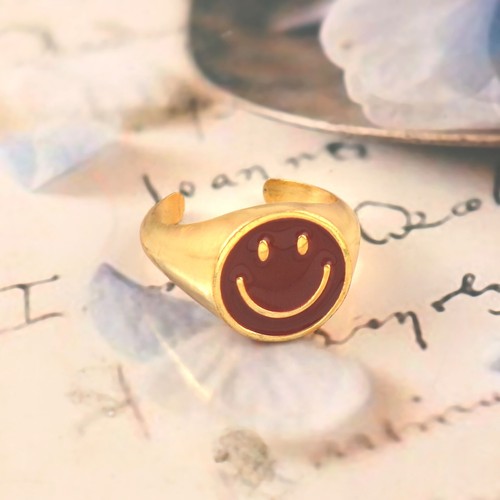 925 Sterling Silver Fun Face Golden Smiley Red Enamel Ring for Women ...