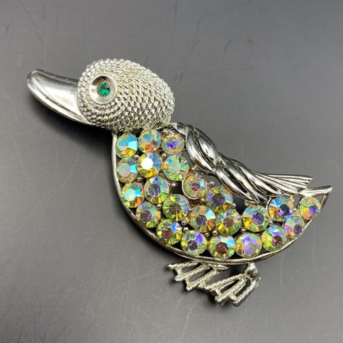 Coro Duck Brooch Pin Aurora Borealis Rhinestone Sparkly Silver Tone ...