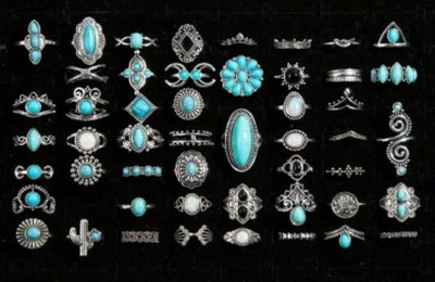 50 Turquoise Rings Native American/Mexican Costume Jewelry Mixed Size ...