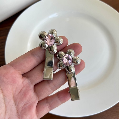 Sweet Cool Pink Rhinestone Hair Clip Flower Hairpin Side Clip Duckbill ...