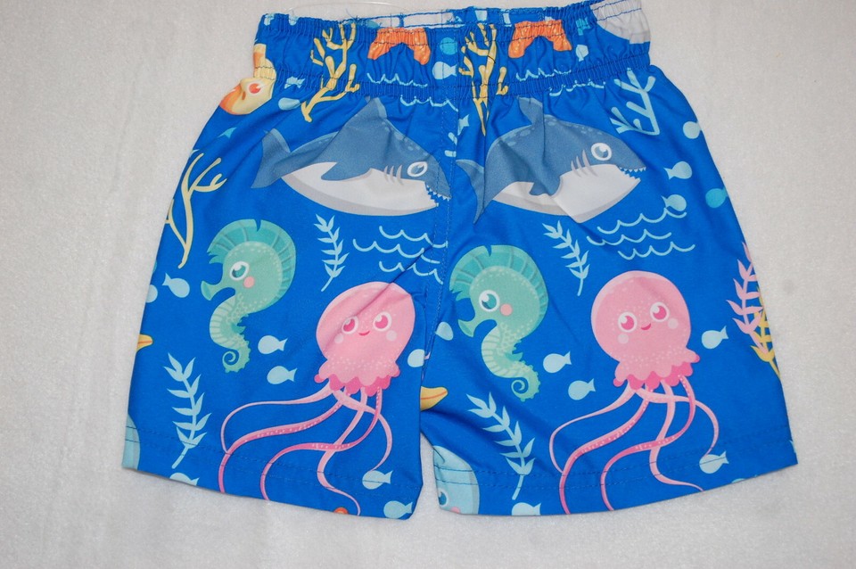 Baby Boys Swim Trunks BLUE w/ CRABS FISH SHARK WHALE OCTOPUS Sea Life ...