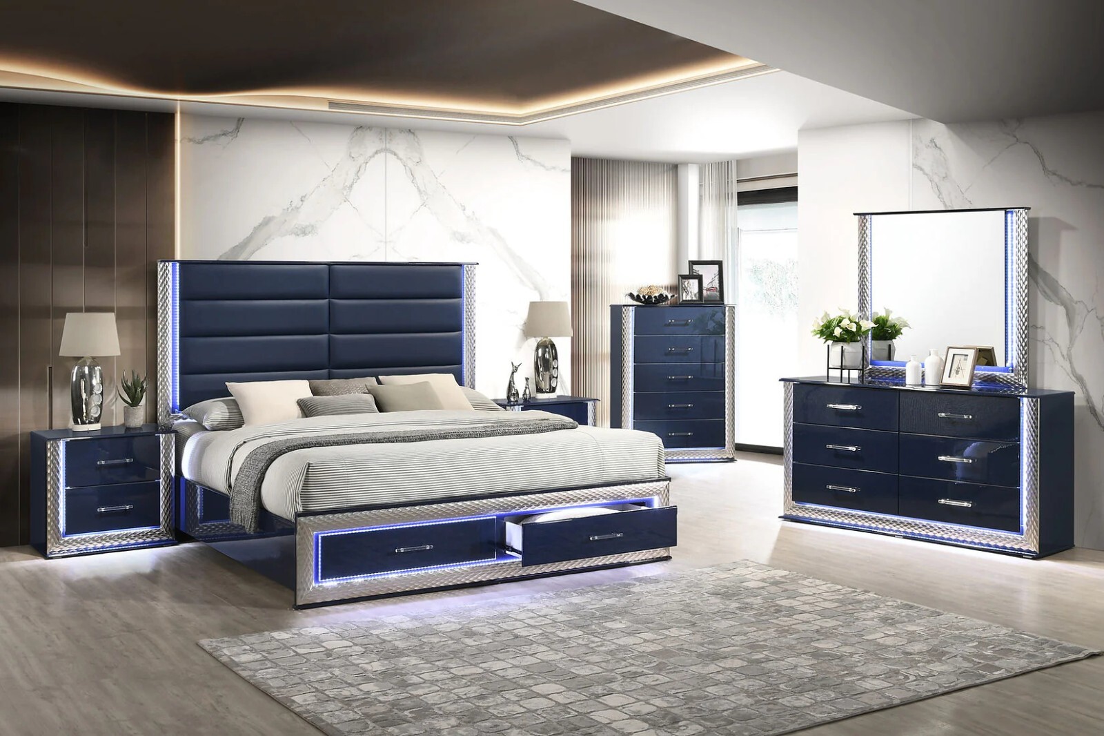LUXURY Modern LED 5PC Gloss Blue Queen King Contemporary Bedroom Set B ...