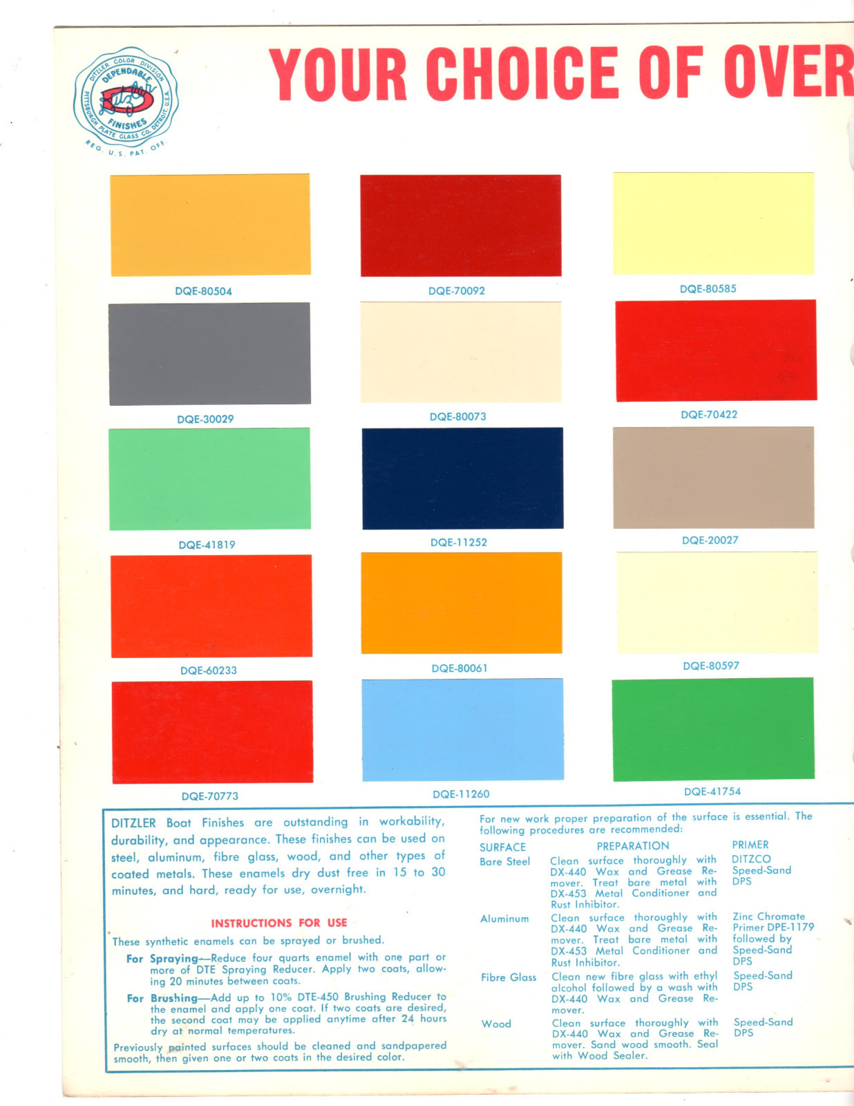 ORIGINAL RARE DITZLER BOAT FINISHES COLOR PAINT CHIP & ENGINE COLOR ...