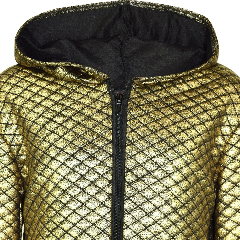 Kids Girls Golden Tracksuit Shiny Quilted Hooded Top Bottom Jogging ...
