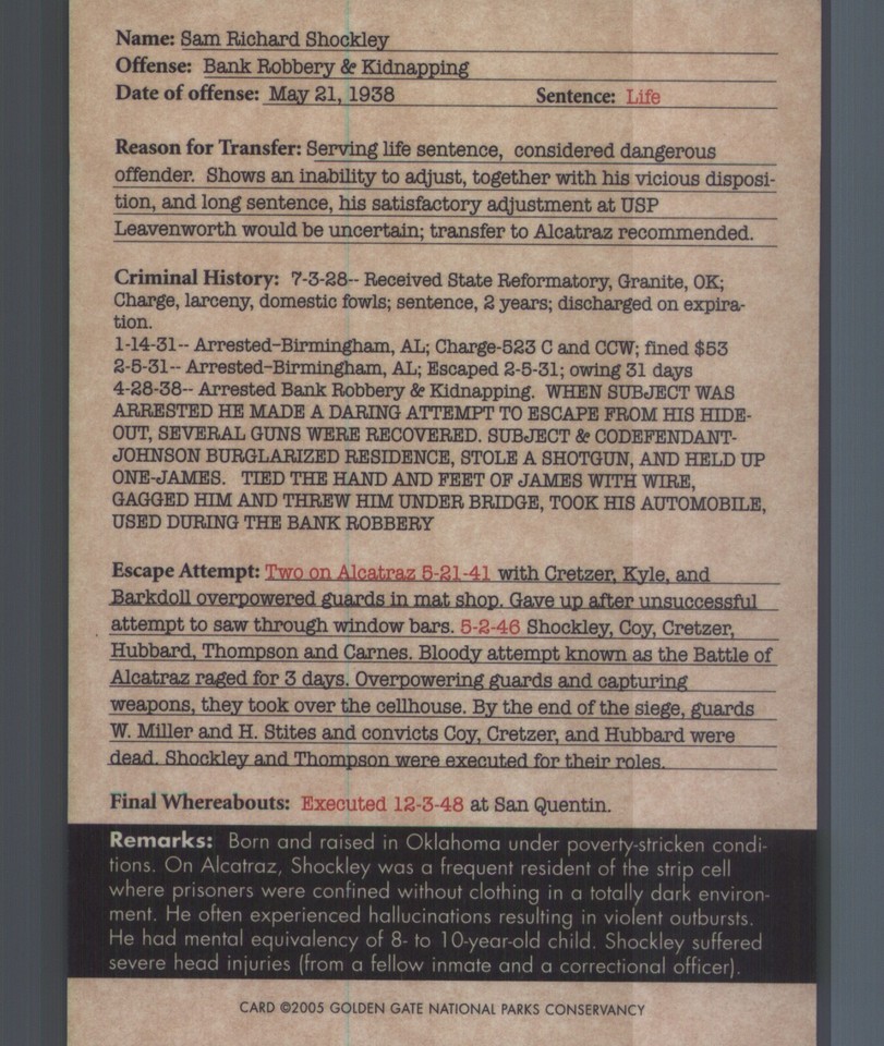 Sam Richard Shockley, Alcatraz Prison Cards, Mugshots, 4.5" x 6 ...