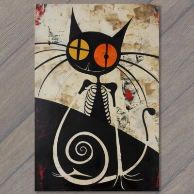 POSTCARD Cat Surreal Skeleton Black Cubist Abstract Art Spiral Eyes ...