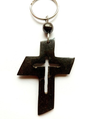 Cross Keyring Brown Bone with Inticate Cut Cross & Bead Faith Gifts ...