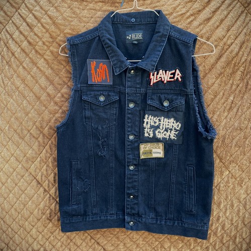 RUDE Men’s Denim Vest Distressed Black Size L Large Korn Slayer Patches ...