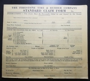 VINTAGE DOCUMENT FIRESTONE TIRE AND RUBBER COMPANY STANDARD CLAIM FORM ...