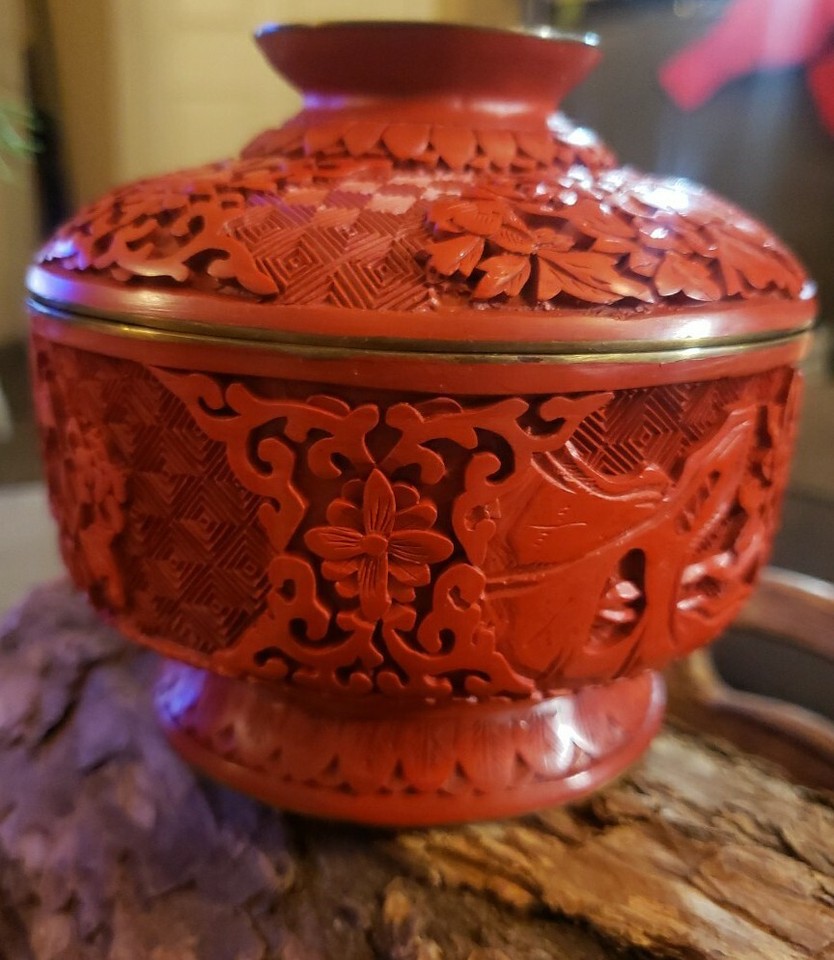 Chinese Hand Carved Cinnabar Bowl w/ Lid & Blue Lacquered Enamel 4.25 ...